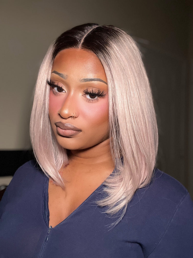Straight Center Part Short Bob Ash Blonde with Dark Root Wig | Mayvenn