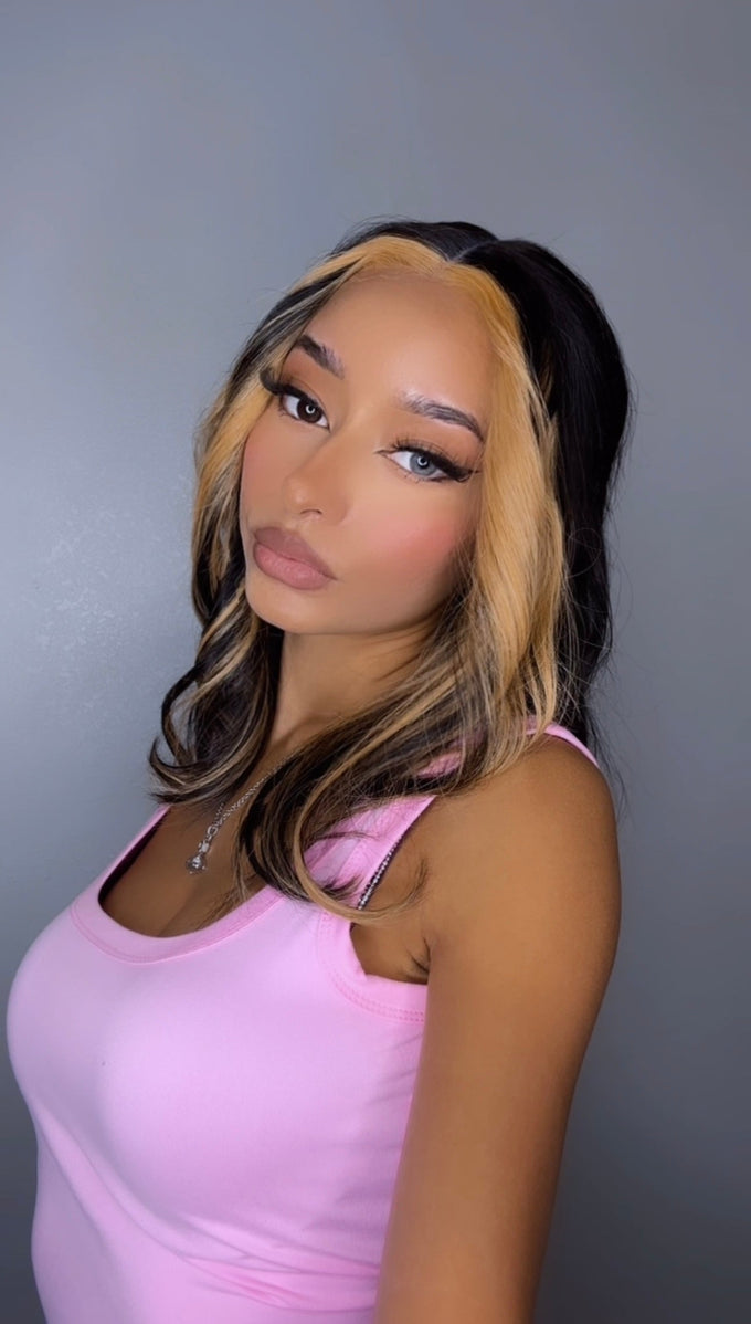 Straight Center Part Long Bob 1B Blonde Front Highlight Wig | Mayvenn